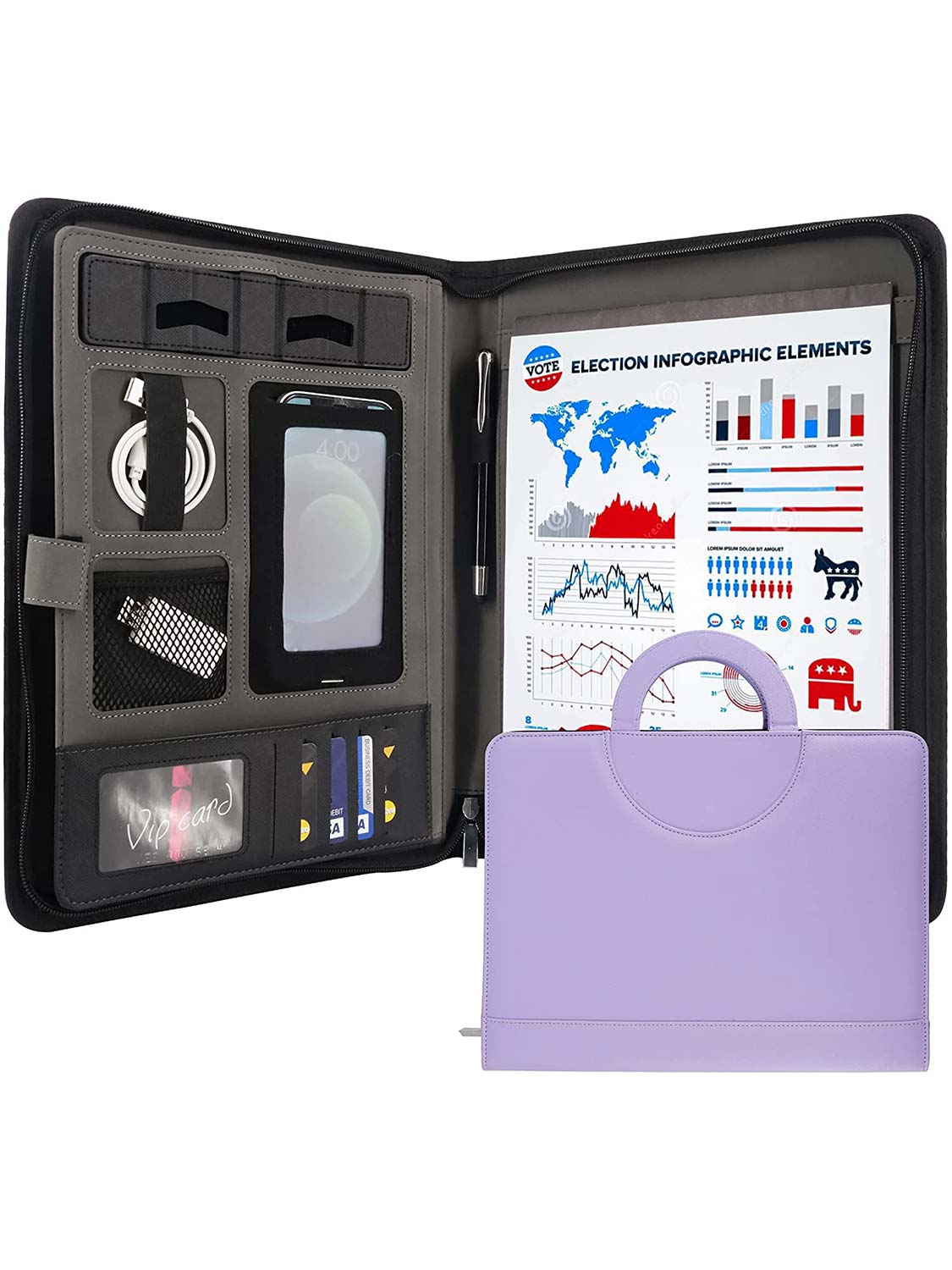 Women Zippered Leather Padfolio Portfolio with Hidden Handle - 2 Color